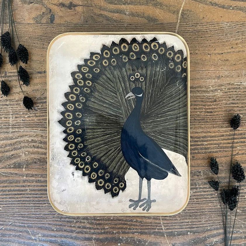 Boncoeurs Peacock Enamelled Tray - a flourish of beauty