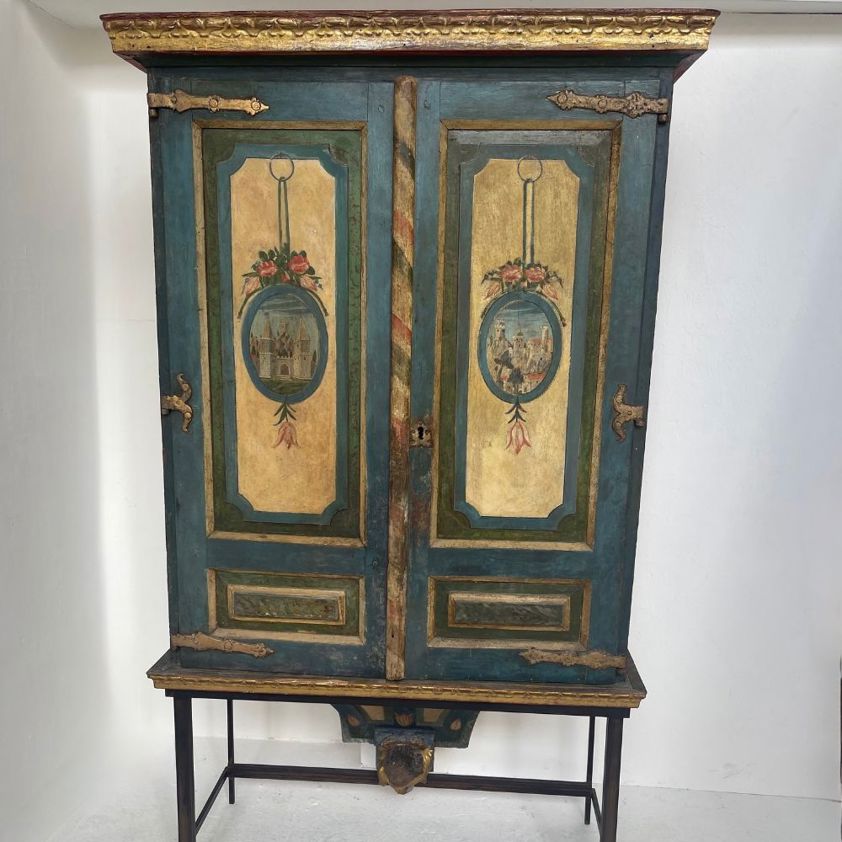 18th Century Spanish Painted Wall Cabinet with Cherub Corbel