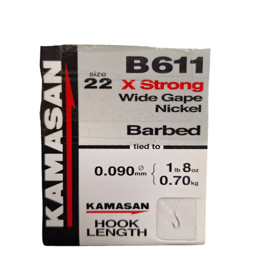 Kamasan B611 Barbless Hook to Nylon Size 22 1lb 8oz (Old Packaging ...