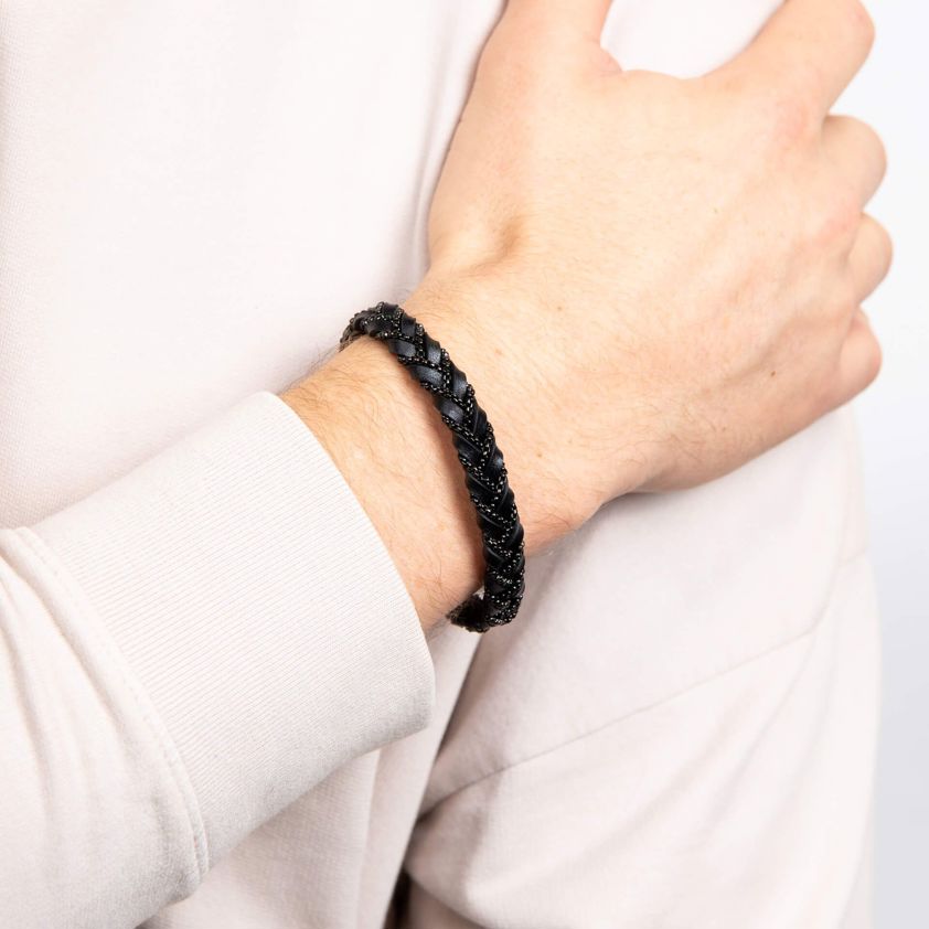 Black Leather Plait Chain Bracelet