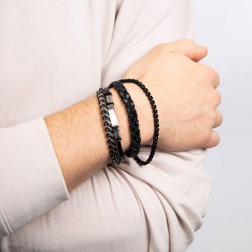 Black Leather Plait Chain Bracelet